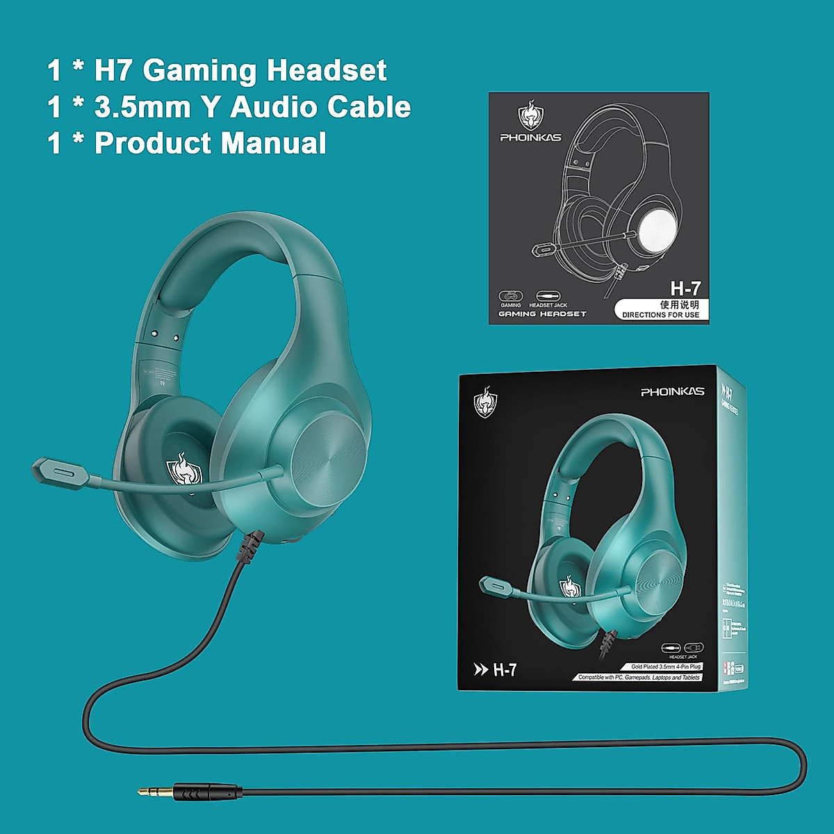 YOTMS Gaming Headset PS5 Headset, Wired Headset with 7.1 Surround Sound, H-7 Gaming Over Ear Headphones with Noise Cancelling Flexible Mic Memory Earmuffs, for PC/PS5/PS/XboxSeries X/S/Switch (Green)