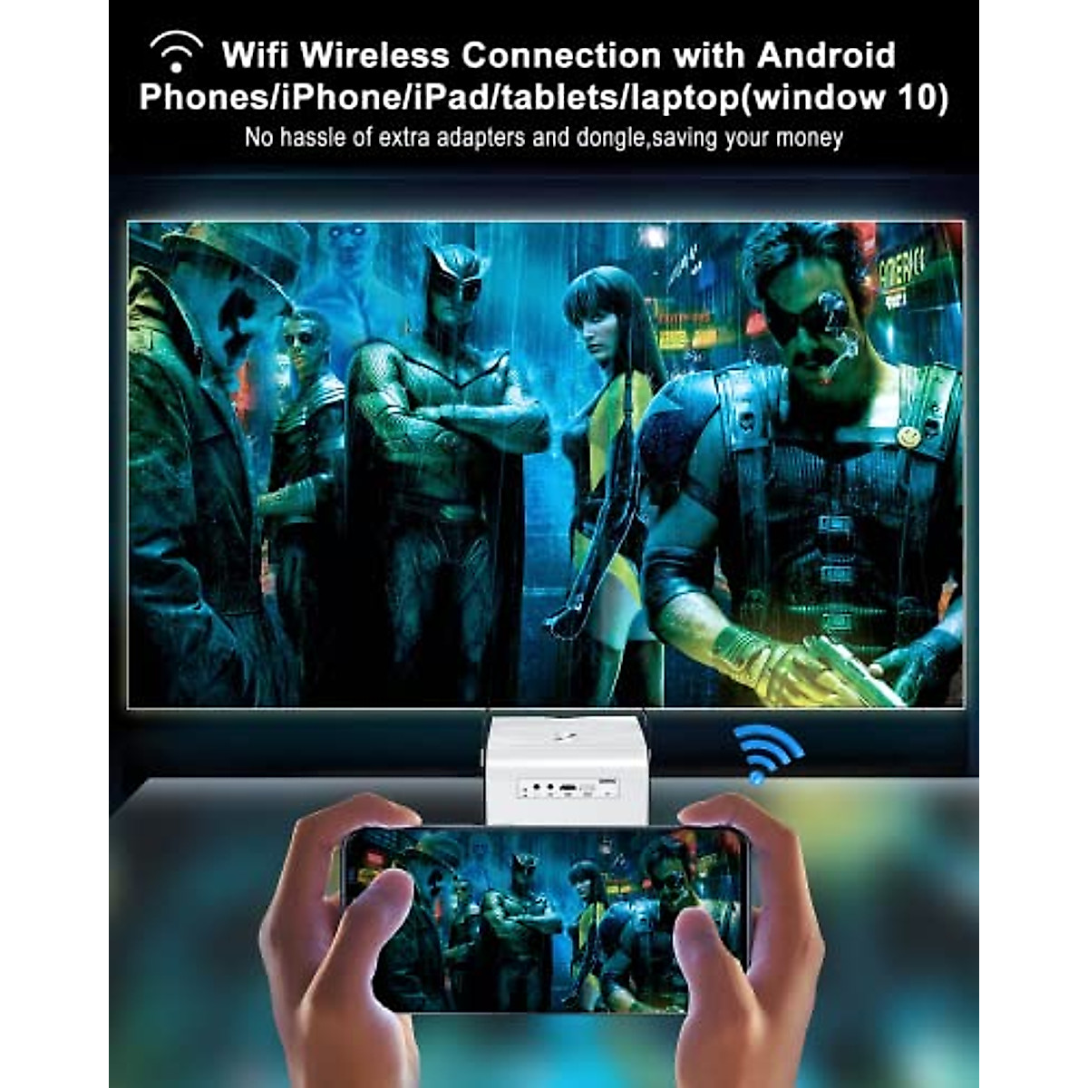 Mini Projector Outdoor Movies, WiFi Bluetooth Projector, Portable Phone Projectors, 8500 LUX, HD 1080P Supported, Compatible w iPhone, TV Stick,PS4,HDMI, Laptop Proyector