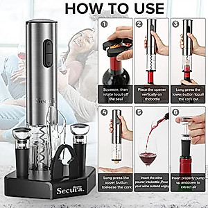 Secura Home Electric Wine Opener Set, Type C Cordless Rechargeable Corkscrew Wine Bottle Opener with Storage Base, Wine Aerator, 2 Vacuum Wine Stoppers, Foil Cutter for Wine Lover Gift Kit