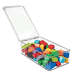 mDesign Plastic Playroom/Game Organizer Box Containers with Hinged Lid for Shelves or Cubbies, Holds Toys, Building Blocks, Puzzles, Markers, Controllers, or Crayons, Ligne Collection, Clear