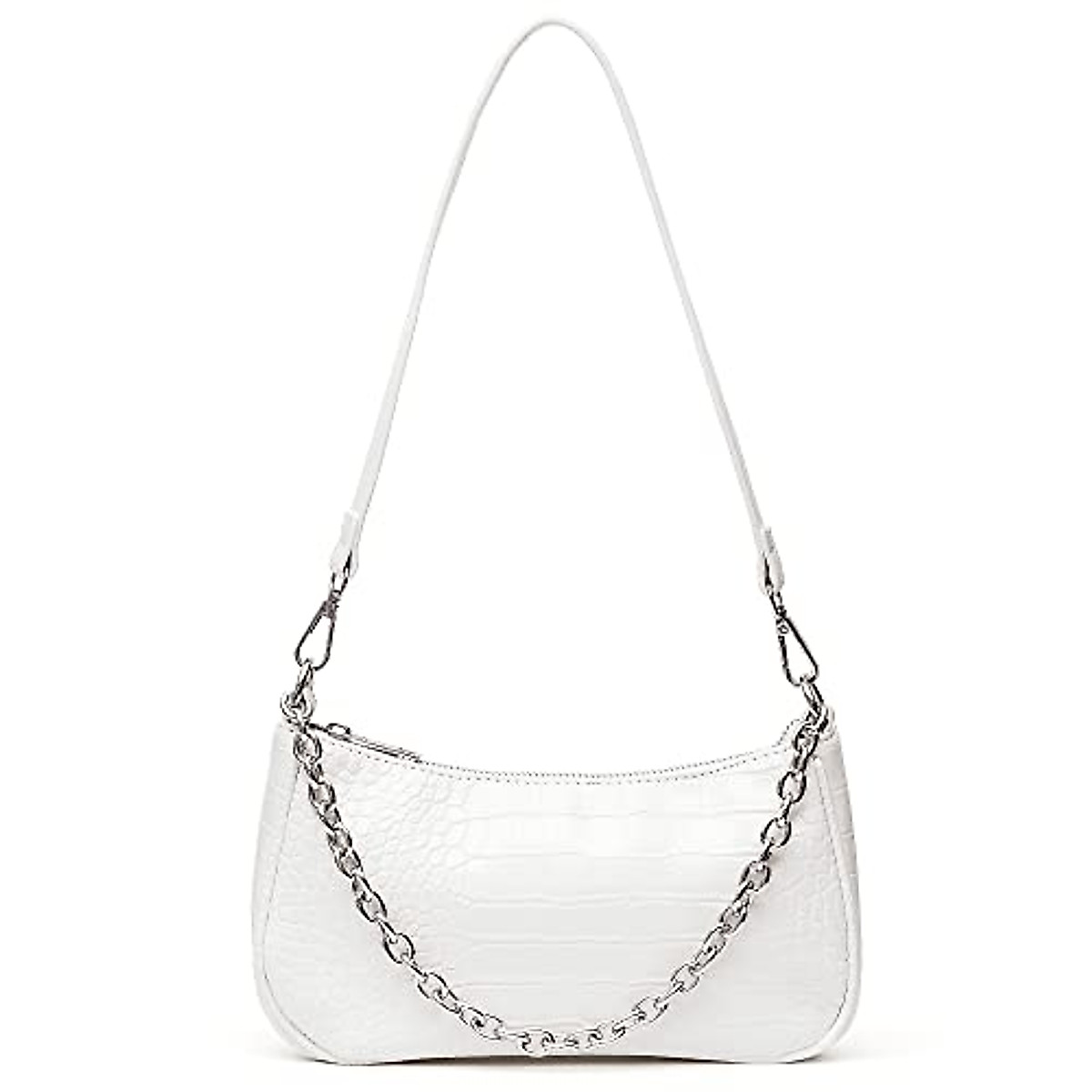 BOBOWINGS White Small Purses for Women, Mini Crocodile Pattern Leather Shoulder Bag Trendy with Silver Chain, Zipper Closure