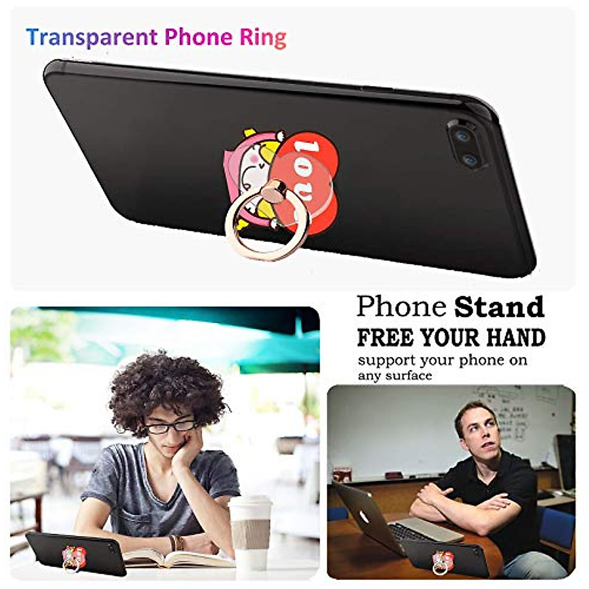 lenoup Transparent Heart Cell Phone Ring Holder Kickstand,360 Rotation Clear Heart Cell Phone Finger Ring Grip Stand for Phones,Pad