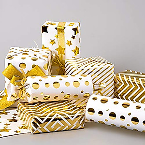 Whaline Gift Wrapping Paper Set 8 Sheet White Gold Wrapping Paper with 10 Pull Bows & 24 Yard Glitter Ribbon Star Dot Stripe Foil Decorative Art Paper for Birthday Christmas Valentine's Day