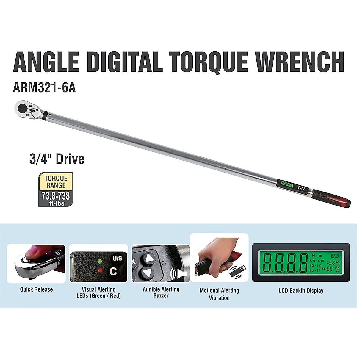 ACDelco Tools ARM321-6A 3/4" Heavy Duty Torque Wrench with LED Flash Notification - ISO 6001 Standards with Certificate of Calibration