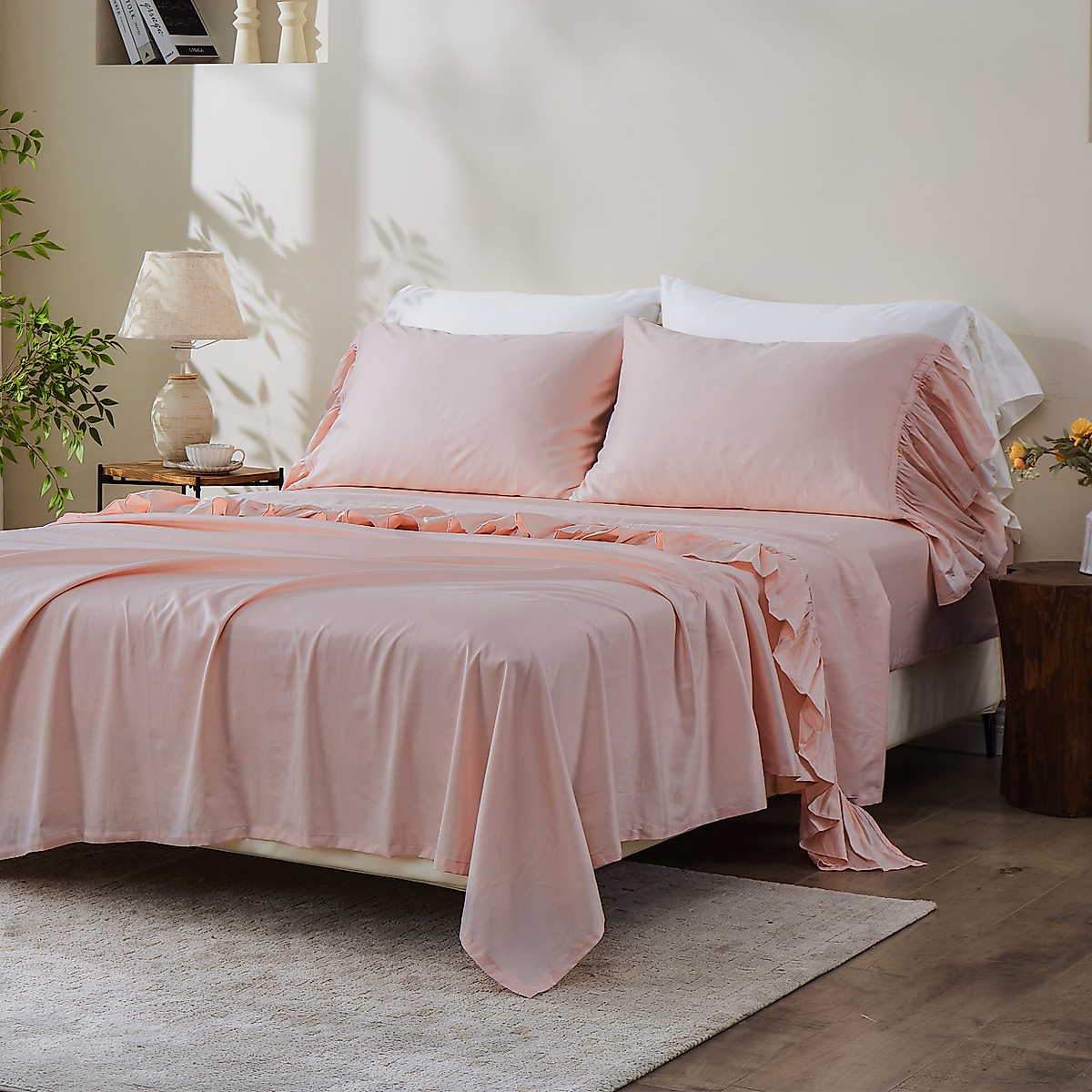 Simple&Opulence 100% Organic Cotton Sheet Set, Long Ruffle Bed Sheets (1 Flat Sheet, 1 Fitted Sheet and 1 Pillowcase) Elegant Shabby Chic Bedding Farmhouse Charming Vintage - Pink, Twin