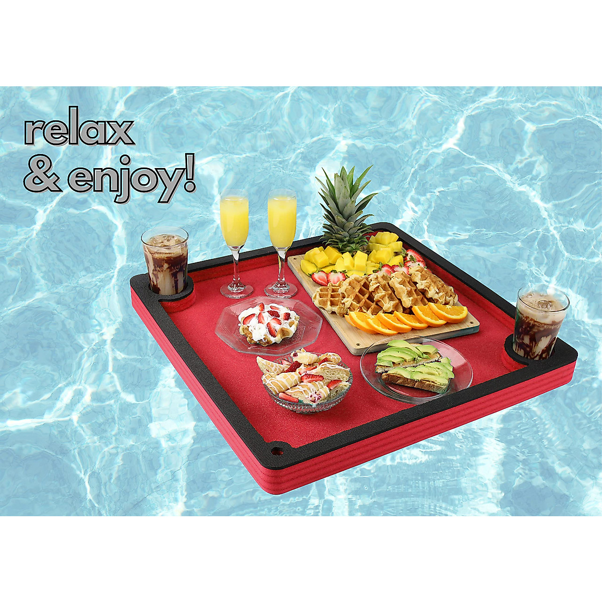 Polar Whale Floating Breakfast Table Serving Buffet Red and Black Tray Drink Holders for Swimming Pool or Beach Party Float Lounge Refreshment Durable Foam UV Resistant with Cup Holders 24 Inches