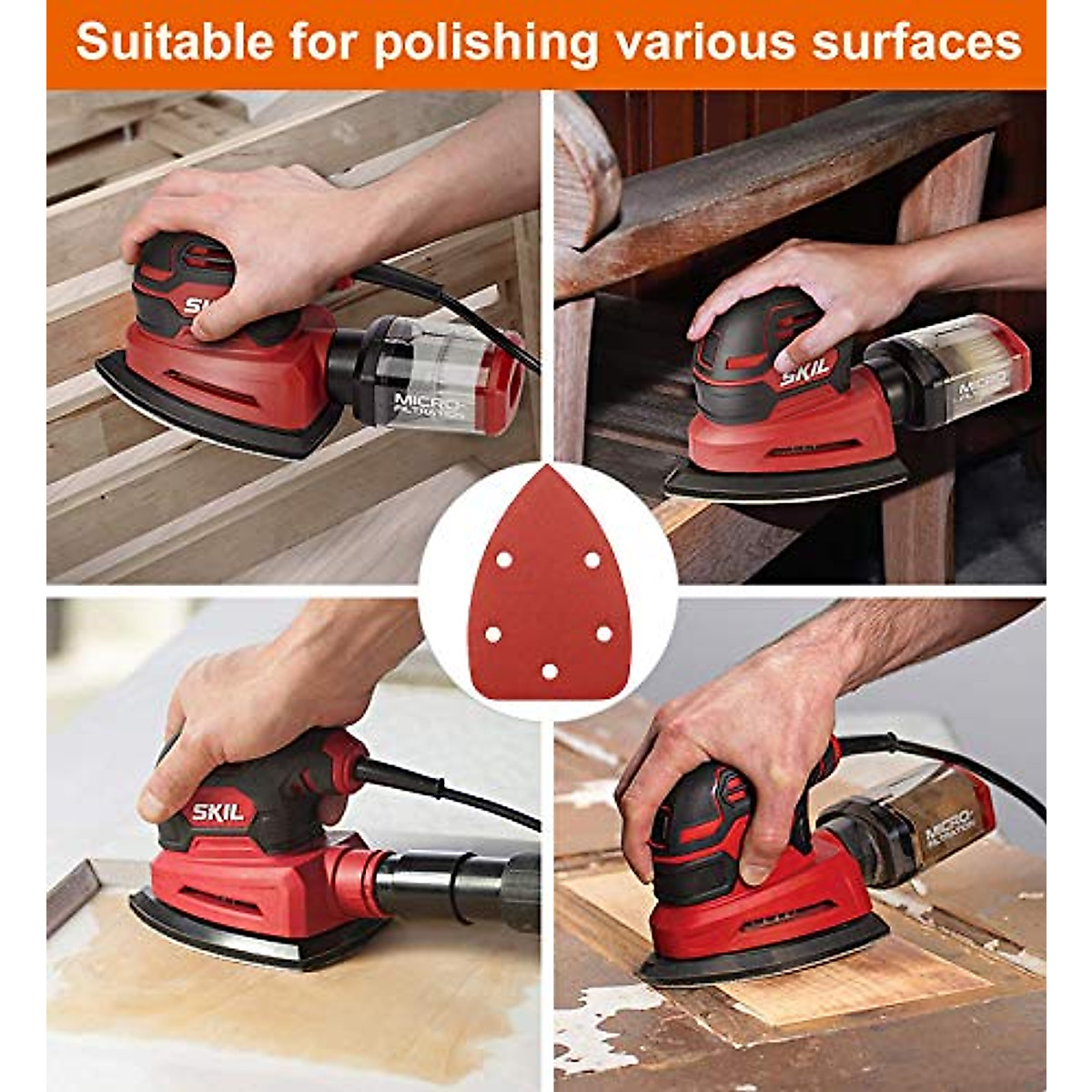 Detail Sander Paper, 120-600 Grits, Hook and Loop Backing, 5 Holes, for Sanding and Polishing, 60 Sheets