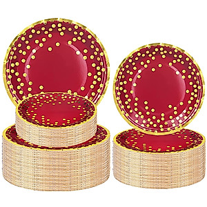 50 Pcs Burgundy and Gold Party Supplies,Gold Dot Party Tableware Set 9"&7"Burgundy Paper Plates Gold Dot Plates,Burgundy and Gold Party Decorations for Birthday Wedding Anniversary Graduation Decor