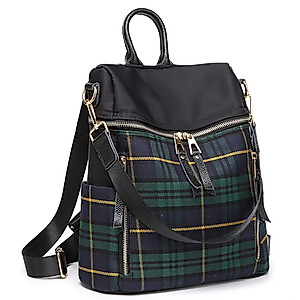 Mn&Sue Plaid Backpack Purse for Women Fashion Casual Daypack Dual-use Travel Shoulder Bag Nylon Rucksack (Green Plaid) One_Size