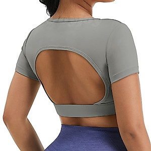 VOYJOY Women Open Back Tee Women's Backless T-Shirts Short Sleeve Crop Tops for Womens Workout Gym Shirt Going Out Top