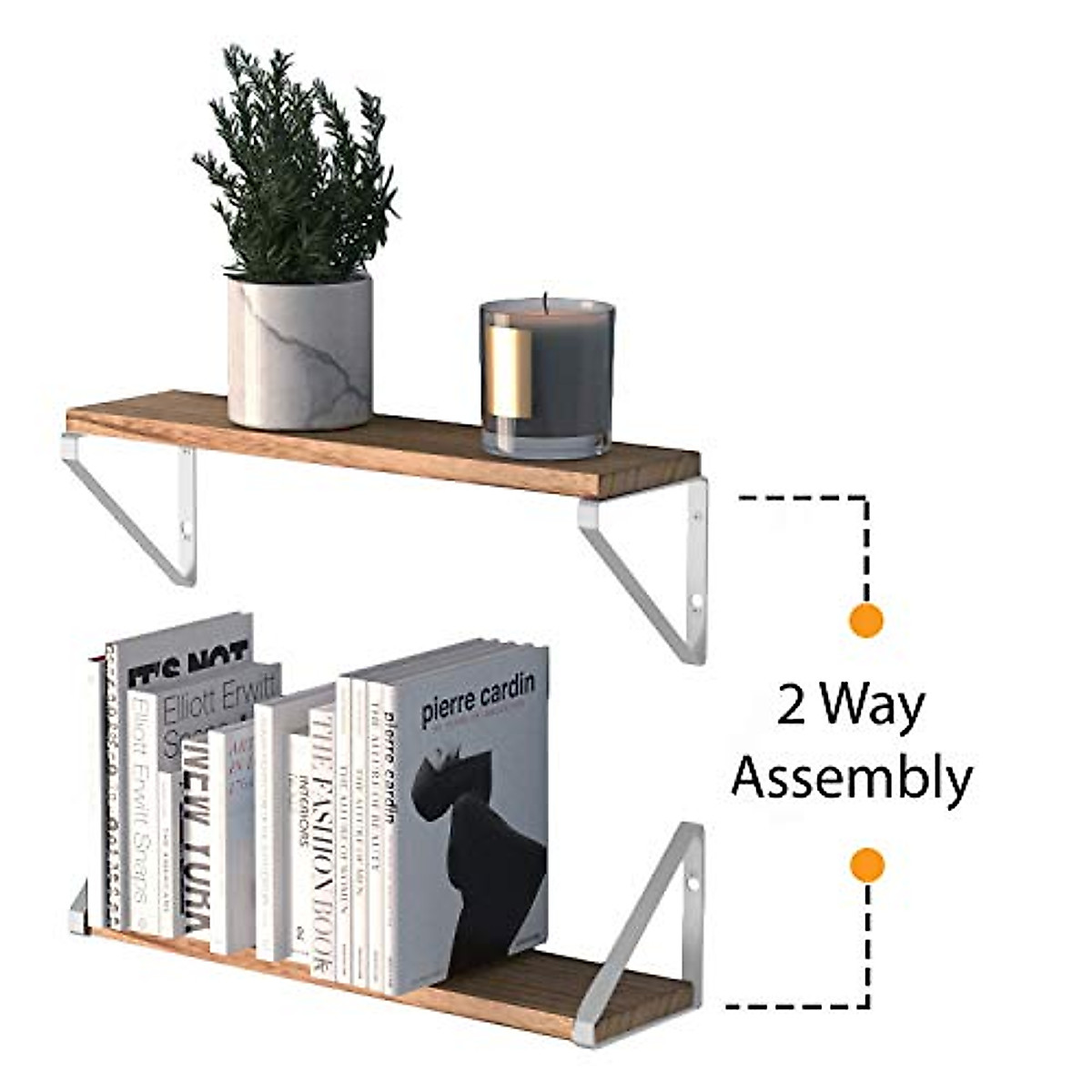 Wallniture Ponza Floating Shelves for Wall, Bathroom Organizer, Bookshelf for Living Room Decor, Kitchen Organization Burnt Finish with White Brackets Set of 2