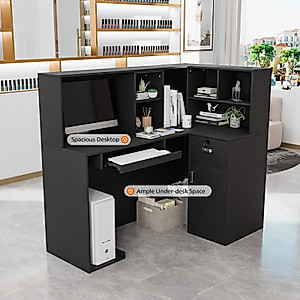 LEADZM L-Shaped Reception Desk with Counter, Front Desk with Lockable Drawers & Adjustable Shelf, Retail Checkout Counter for Beauty Salon Office, Black (55.9" W x 18.9" D x 48" H)