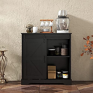 Panana Sliding Barn Door Buffet Sideboard Storage Cabinet Coffee Bar Kitchen Farmhouse Style (Black)