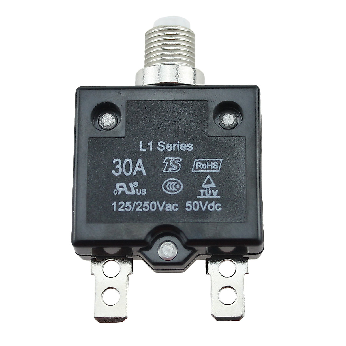 ZOOKOTO 2PCS 30A DC50V AC125-250V Push Button Reset Circuit Breakers with Quick Connect Terminals and Waterproof Button Black Cap