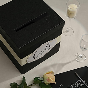 PAPER FAIR Black Glitter Gift Card Box for Reception, Large 10'' with Ribbon, Personalized Card labels, Wedding, Christmas, Birthday, Graduation, Bridal Baby Shower Money Box Party Supply Decor
