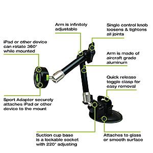 MYGOFLIGHT Flex Suction Cup Articulated Arm Sport Mount and Universal Cradle Kit for Any 7”-11” iPad Mini Air Pro Android Tablet PC for Airplane Car RV Truck Boat Window Mounting