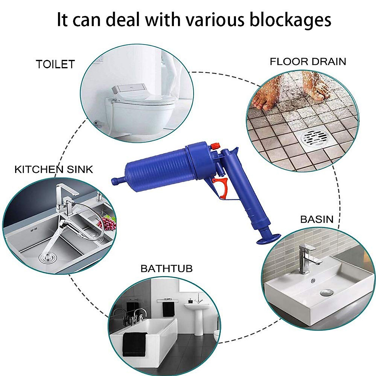 Thinvik Power Toilet Plunger Set Drain Clog Remover Tool Drain Snake Tub Drain Cleaner Opener Air Drain Blaster Gun Bellows Plunger for Sink Bath Toilets Bathroom Shower Kitchen Clogged Pipe Bathtub