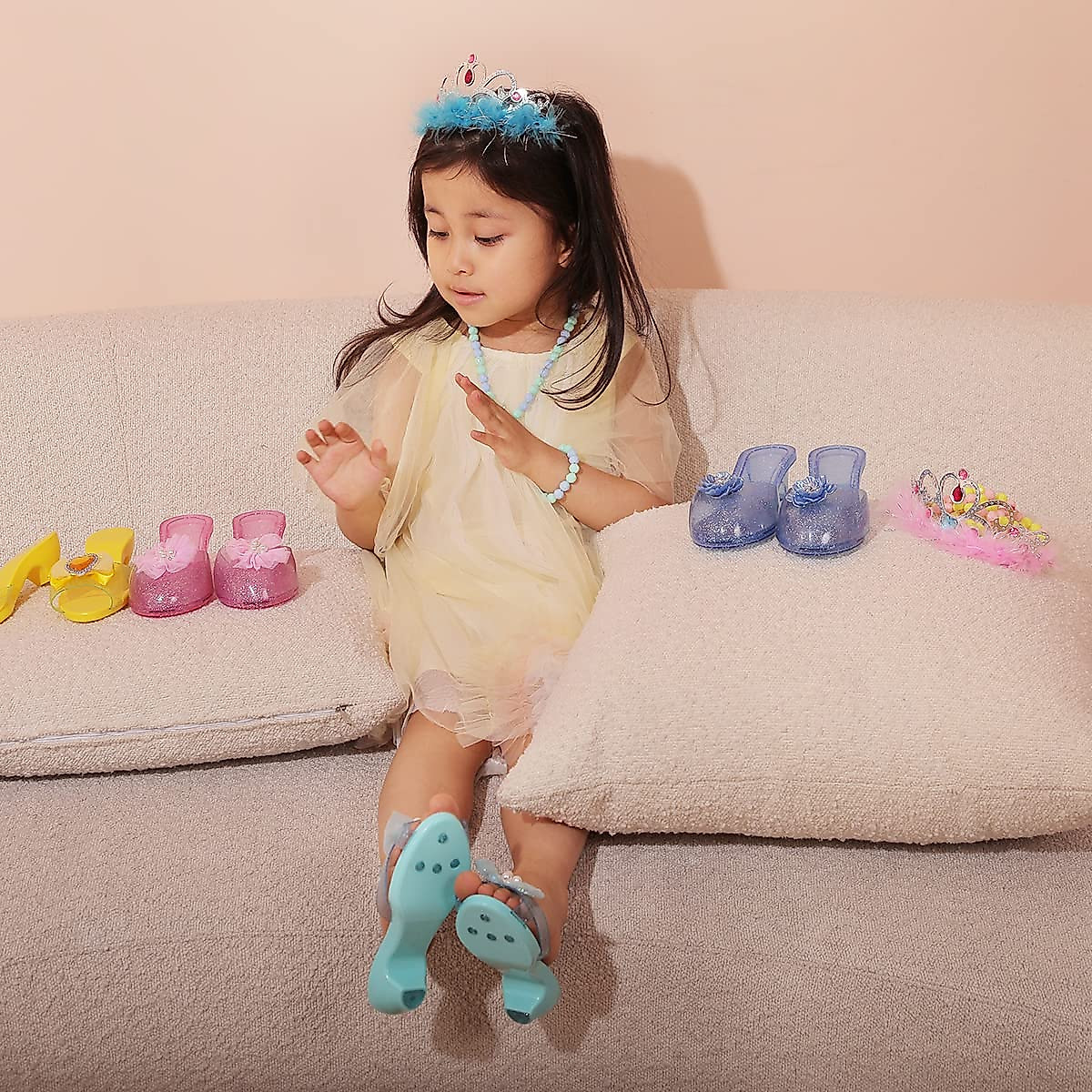 Princess Dress Up Shoes and Jewelry Boutique - 4 Pairs of Play Shoes and Pretend Jewelry Toys Accessories Play Gift Set for Toddlers Little Girls Aged 3,4,5,6 Year Old