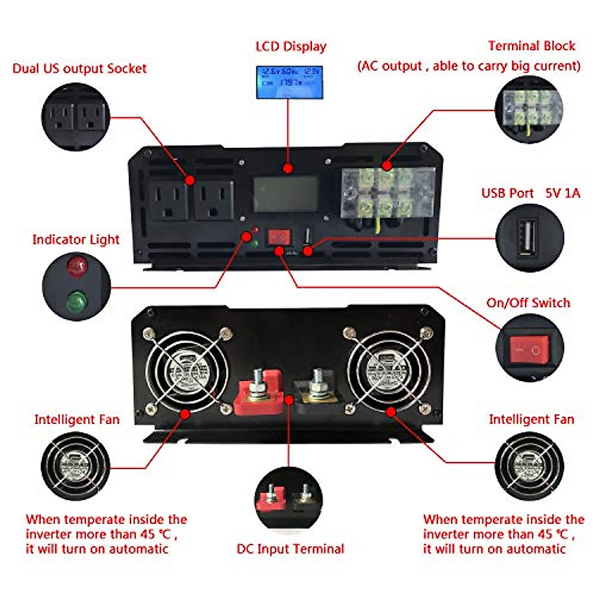 KRXNY 2000W 24V DC to 120V AC 60HZ Pure Sine Wave Off Grid Home Solar Power Inverter Converter with USB Port LCD Display