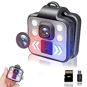 Body Camera 1080P Mini Outdoor Sports Security Wireless Wearable Video Recorder, 3 LED Modes Flashlight HeadLamp Waterproof Cam, Built-in 64GB Memory Card, Suit to Child Pet Cop Home All Day Record