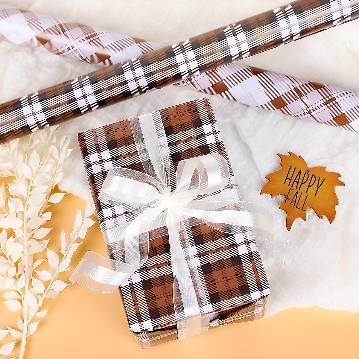 Whaline 12 Sheet Fall Gift Wrapping Paper 6 Design Orange Buffalo Plaids Printed Wrapping Sheet Autumn Theme Decorative Art DIY Craft Paper for Fall Celebration Gift Packing, 19.7 x 27.6 Inch