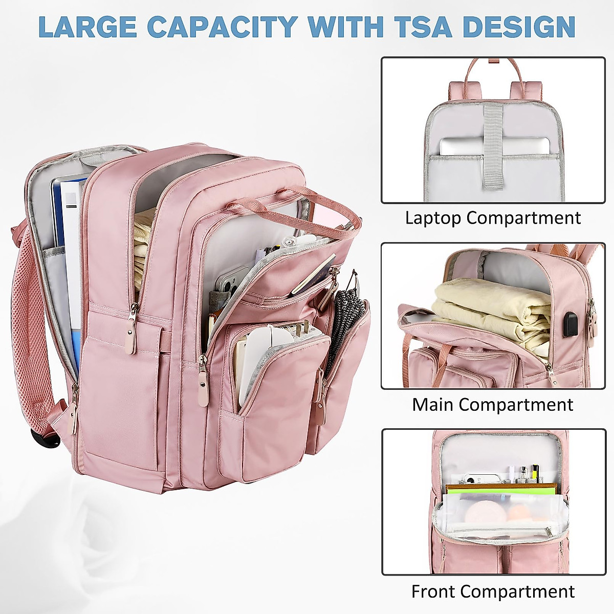 Mancro Travel Backpacks for Women, 17.3 Inch Laptop Backpack with TSA Compartment and USB Charging Port, Large Weekend Travel Backpack Daypack for College Gifts Backpack, Pink
