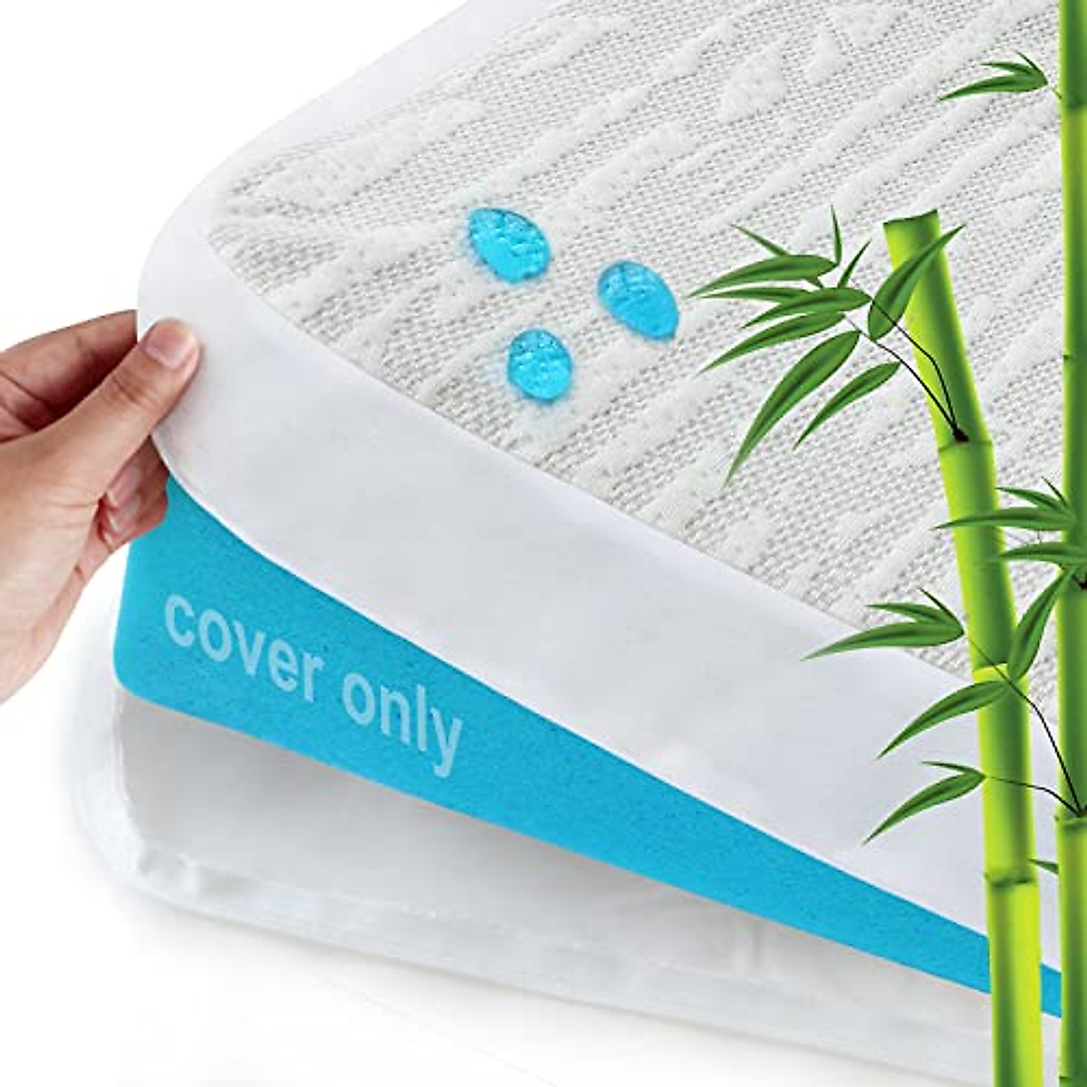 Mattress Topper Cover Protector Queen Size 2 Inch, 100% Waterproof Bamboo Cooling Mattress Topper Encasement Zippered with Adjustable Straps, Washable Fit Memory Foam Mattress Topper (Cover Only)