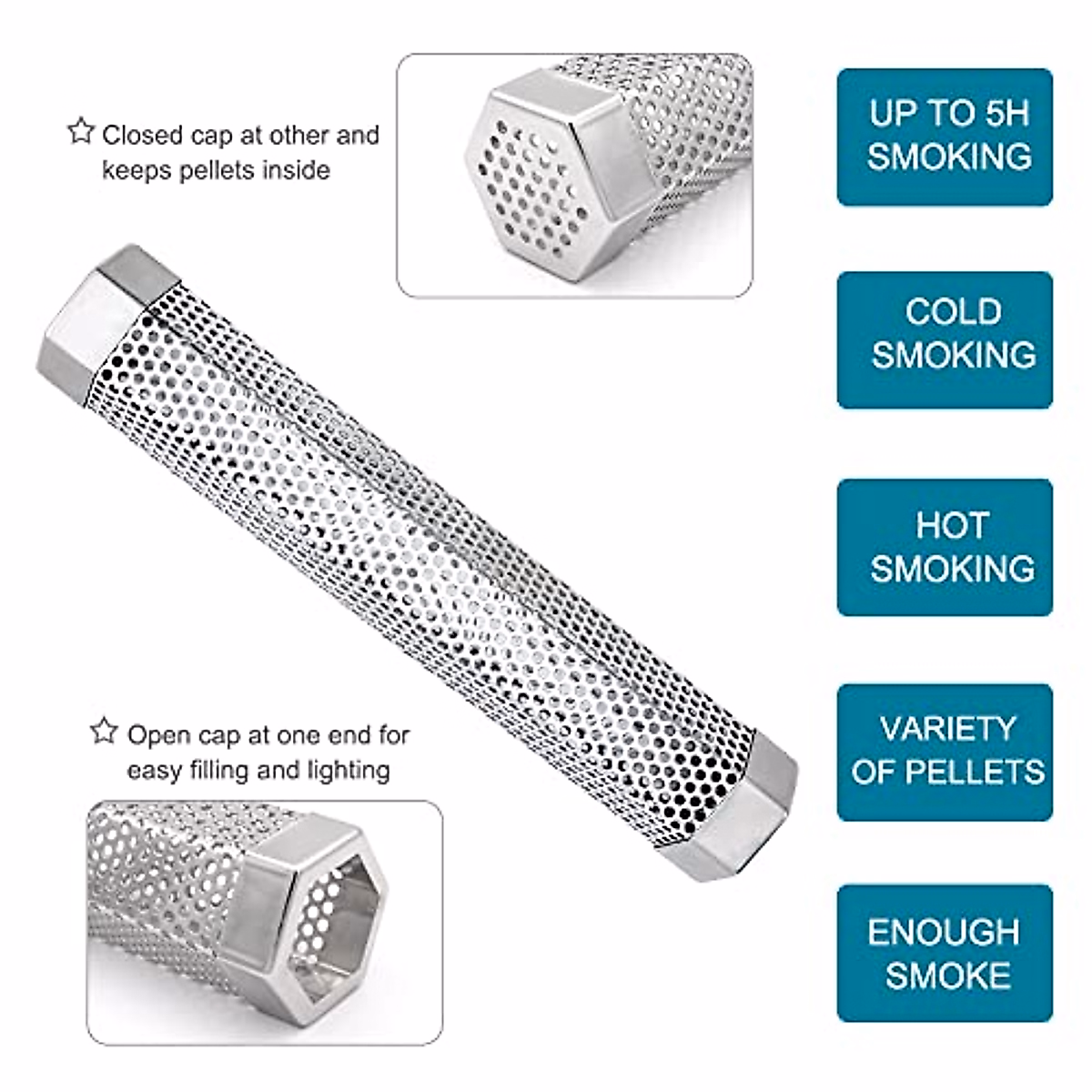 Aushucu 2pcs Smoker Tube 12in Pellet Smoker Tube Stainless Steel Smoke Tube for Hot or Cold Smoking 5 Hours of Billowing smoke Portable BBQ Smoking tube Generator Electric Charcoal Gas Grill Smoker