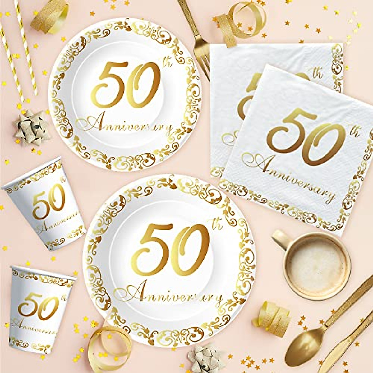APOWBLS 50th Anniversary Decorations And Supplies Tableware - Golden 50th Wedding Anniversary Decorations, Plate, Cup, Napkin, Tablecloth, Cutlery, Straw, 50 Year Anniversary Party Supplies | Serve 24