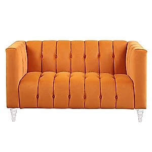 mikibama Mid-Century Modern Velvet Loveseat Sofa 57 Inch Button Tufted Couch Chesterfield Sofa with Square Arms & Acrylic Legs, 2 Seater Sofa for Living Room (Orange)