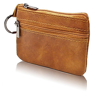 Women Genuine Leather Coin Pouch Zip Mini Purse Wallet Key Chain Double Zipper