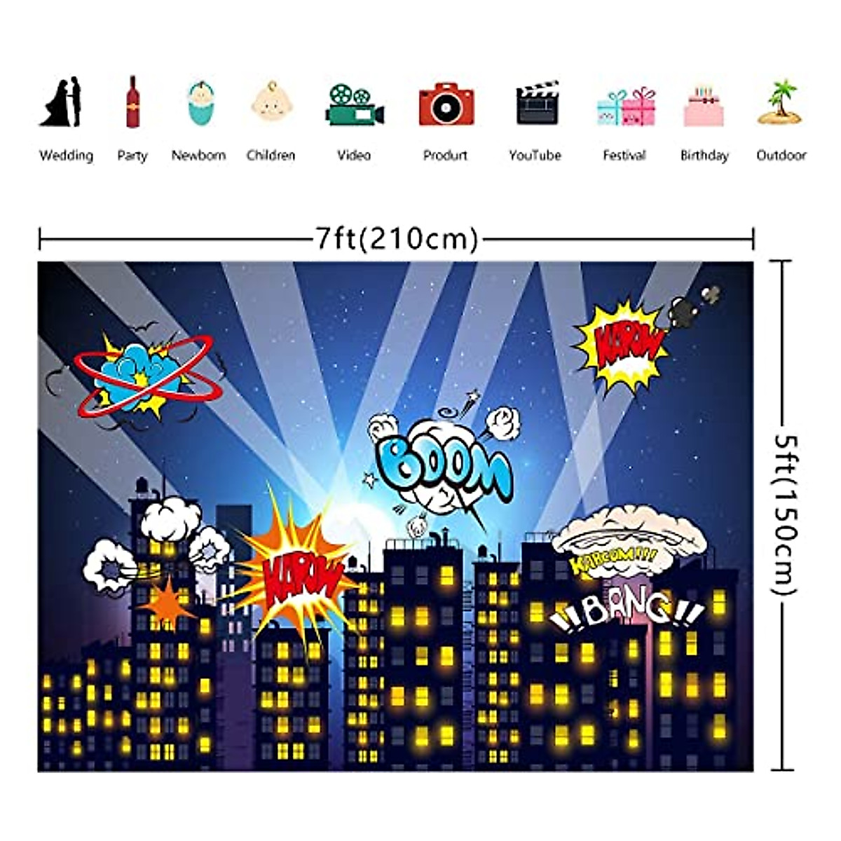 Superhero Cityscape Theme Backdrop Night Scene Comics Style Building Photography Background Baby Shower Boy Girl Kids Birthday Party Decoration Studio Shoot Prop 7x5FT