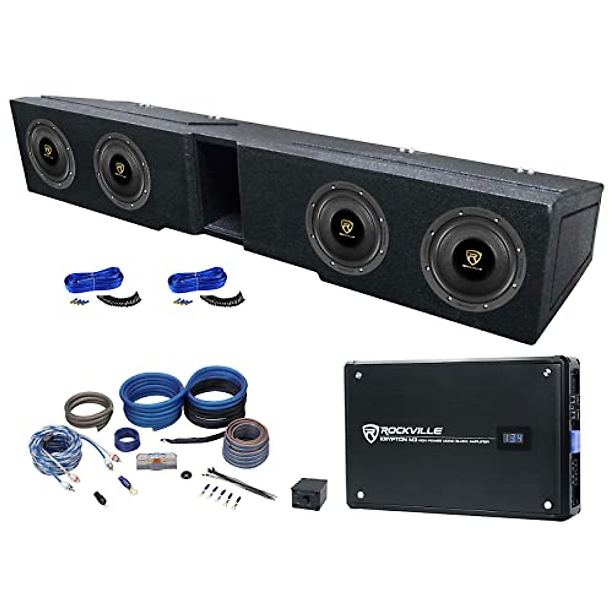 Rockville W65K9D2 6.5" 1000w Peak Car Audio Subwoofer Bundle Krypton-M3 1 Ohm Car Amplifier, RWK4CU Wiring Kit, REC130 Quad 6.5" Enclosure Box, Dual Sub Box Installation Kit