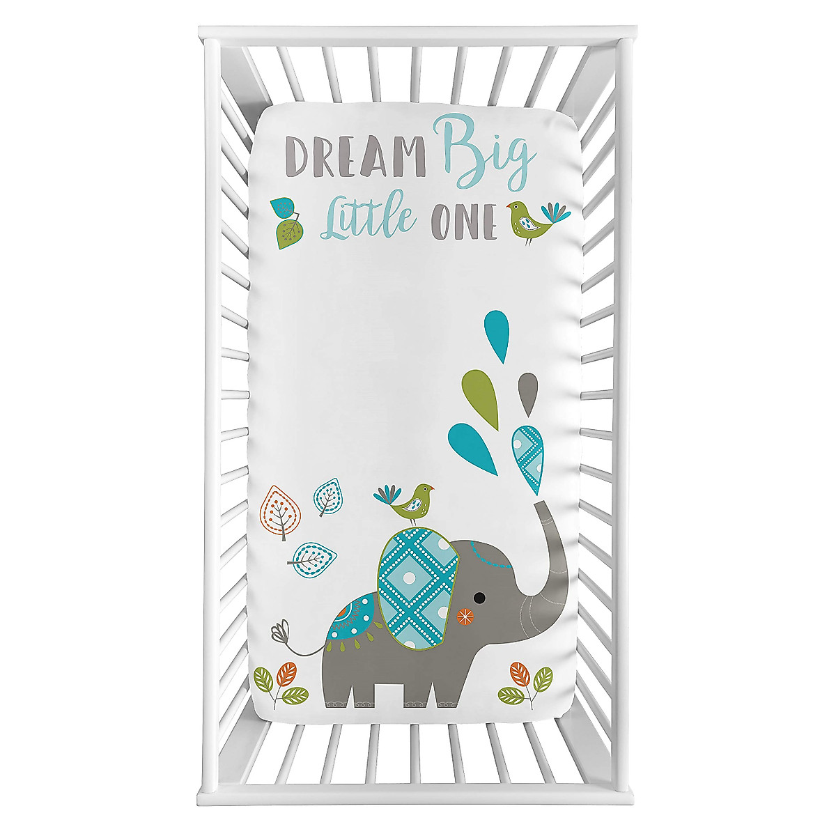 Sweet Jojo Designs Mod Elephant Boy or Girl Fitted Crib Sheet Baby or Toddler Bed Nursery Photo Op - Gender Neutral Turquoise Blue, Green, and Grey Dream Big Little One