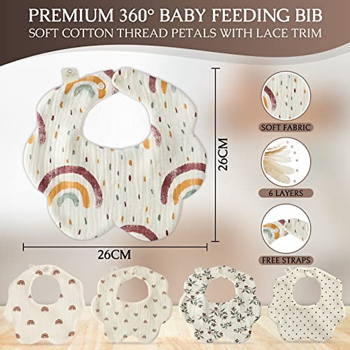 REBE & CO Baby bibs, muslin 6 layers, Organic 100% Cotton for Drooling, for boy and girl newborn, absorbents, unisex, boho