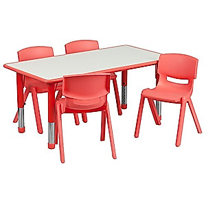 Flash Furniture Emmy 23.625''W x 47.25''L Rectangular Red Plastic Height Adjustable Activity Table Set with 4 Chairs