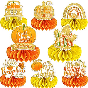 8 PCS Little Pumpkin Baby Shower Decorations Honeycomb Centerpieces Fall Theme Baby Shower Table Decorations Pumpkin Baby Shower Table Toppers for Autumn Thanksgiving Gender Reveal Party Decorations