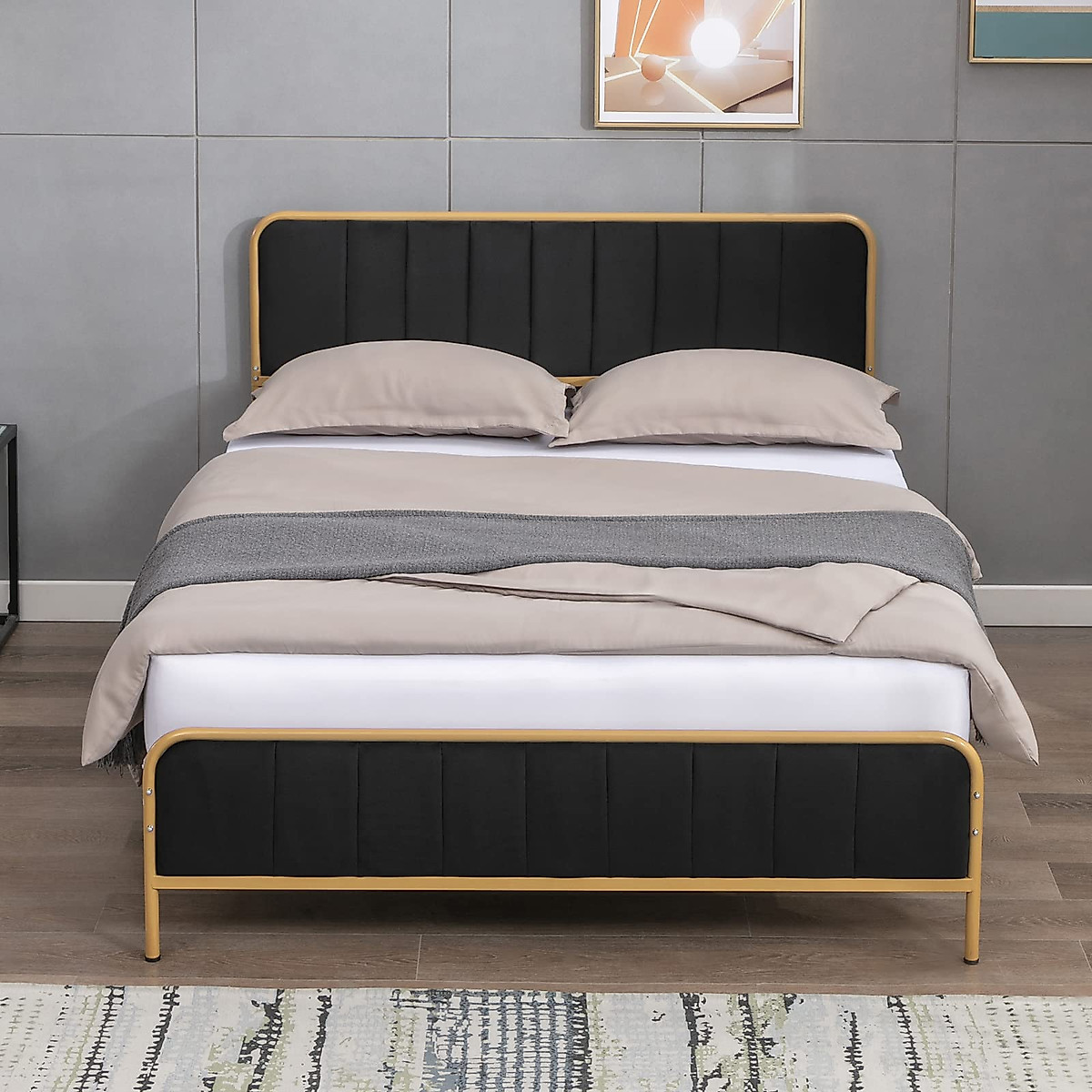 Mjkone California King Size Metal Platform Bed Frame with Dutch Velvet Headboard, Clearance Bed Frame Upholstered Headboard, Metal Strip Support, No Box Spring Needed, Black