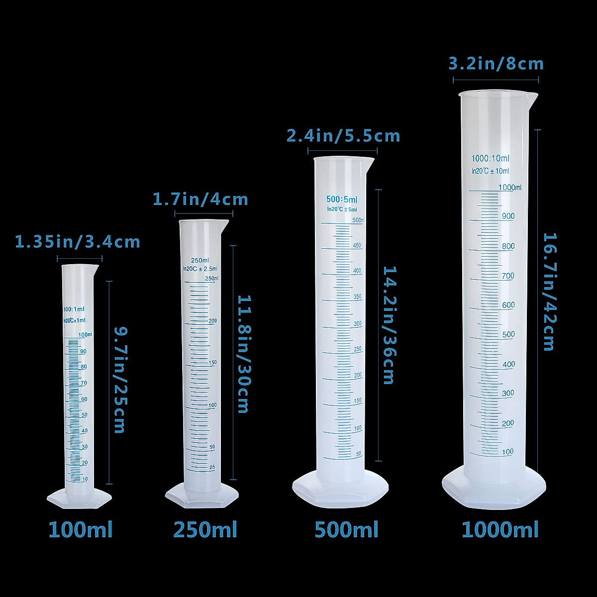 2Pack 1000ml Plastic Graduated Cylinder, 2-Sided Marking Lab Cylinders Clear Science Measuring Cylinder, Test Tube Flask for Home and School Science, Pour Spout