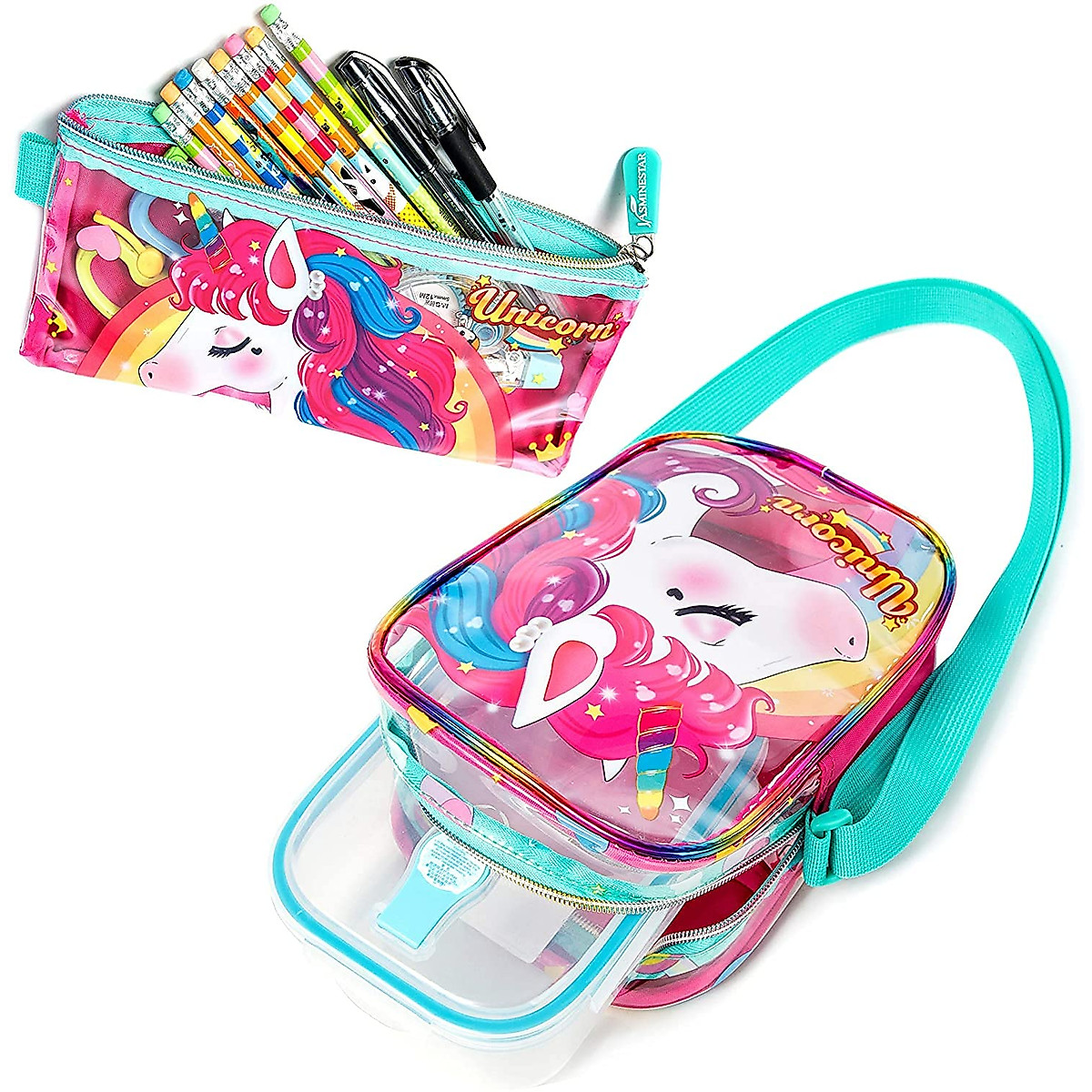 School Kids Unicorn Clear Backpack for Girls Heavy Duty PVC Transparent Backpacks See Through 16" Preschool Bag with Crossbody Bag Toddlers Kindergarten Travel Bag Red