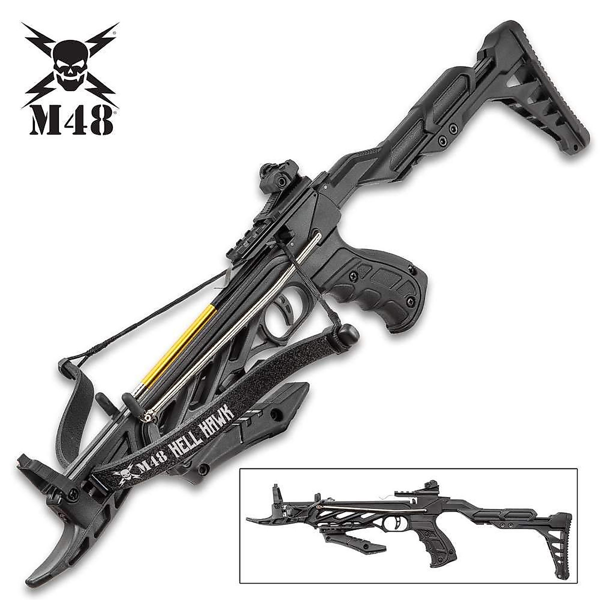 M48 Hell Hawk Self-Cocking Assault Crossbow Pistol - Lightweight Fiberglass Limbs, TPR Grip, 80-LBS Draw Weight, Picatinny Rail, Includes Bolts - Perfect for Hunters - Crossbow Pistol Length 24"