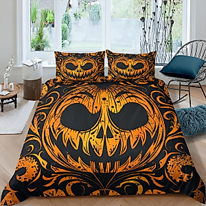 CCoutueChen Demon Pumpkin Face Duvet Cover Set Queen Size Halloween Duvet Cover Black Orange Bedding Set Horror Themed Comforter Cover for Girls 3Pcs Bed Set with Zipper Closure