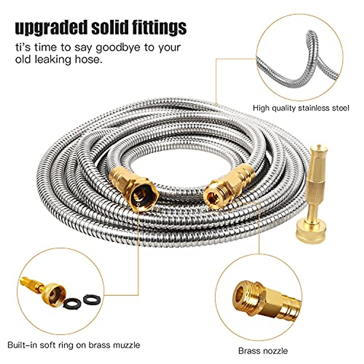 VERAGREEN Stainless Steel Metal Garden Hose 304 Stainless Steel Water Hose with Solid Metal Fittings and Newest Spray Nozzle, Lightweight, Kink Free, Durable and Easy to Store(50FT)