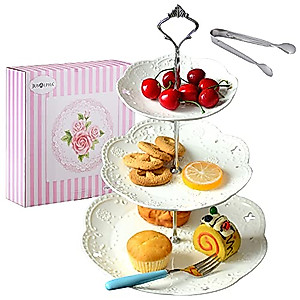 Cupcake Stand- Jusalpha 3-Tier White Porcelain Cake Stand Dessert Stand-Cupcake Stand-Tea Party Serving Platter, Comes in a Gift Box- Free Sugar Tong