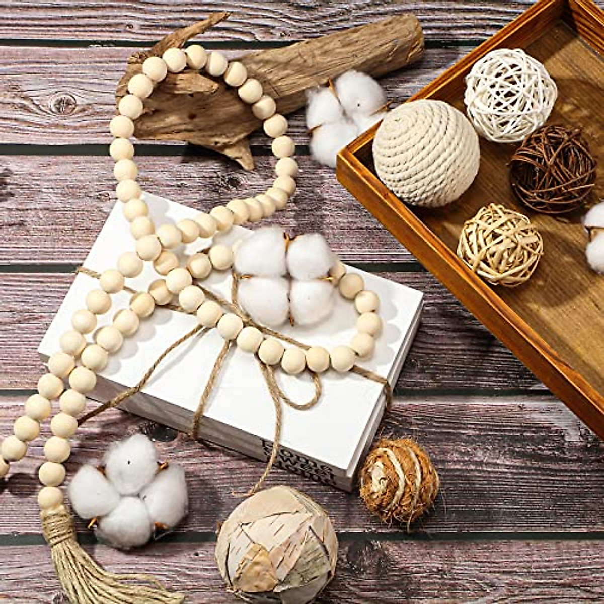 Yerliker Decorative White Books Set Farmhouse Home Coffee Table Faux Stacked Books with Wood Bead,and Spherical Wicker Rattan Ball,Cotton Bowl and Vase Filler for Living Room Shelf Decor