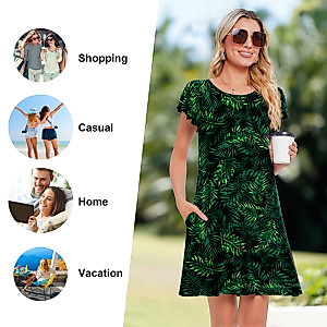 Askyes Womens Summer Spring Dresses Swing T-Shirt Beach Sun Dress Short Sleeve Round Neck Casual Dress,Green Leaf Flower,M