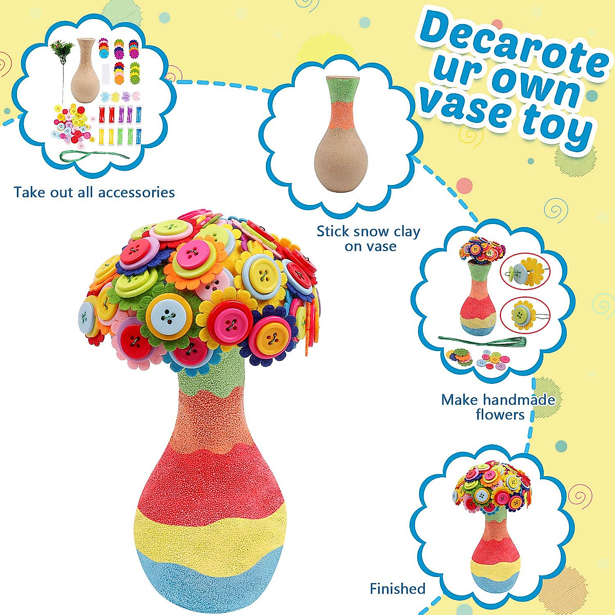 DigHealth DIY Vase with Flowers Craft Kit for Kids, Make Your Own Flower Bouquet by Buttons and Fabric, Crafts and Art Set Gift for Girls Boys Age 4 5 6 7 8 9 10 12 Years Old
