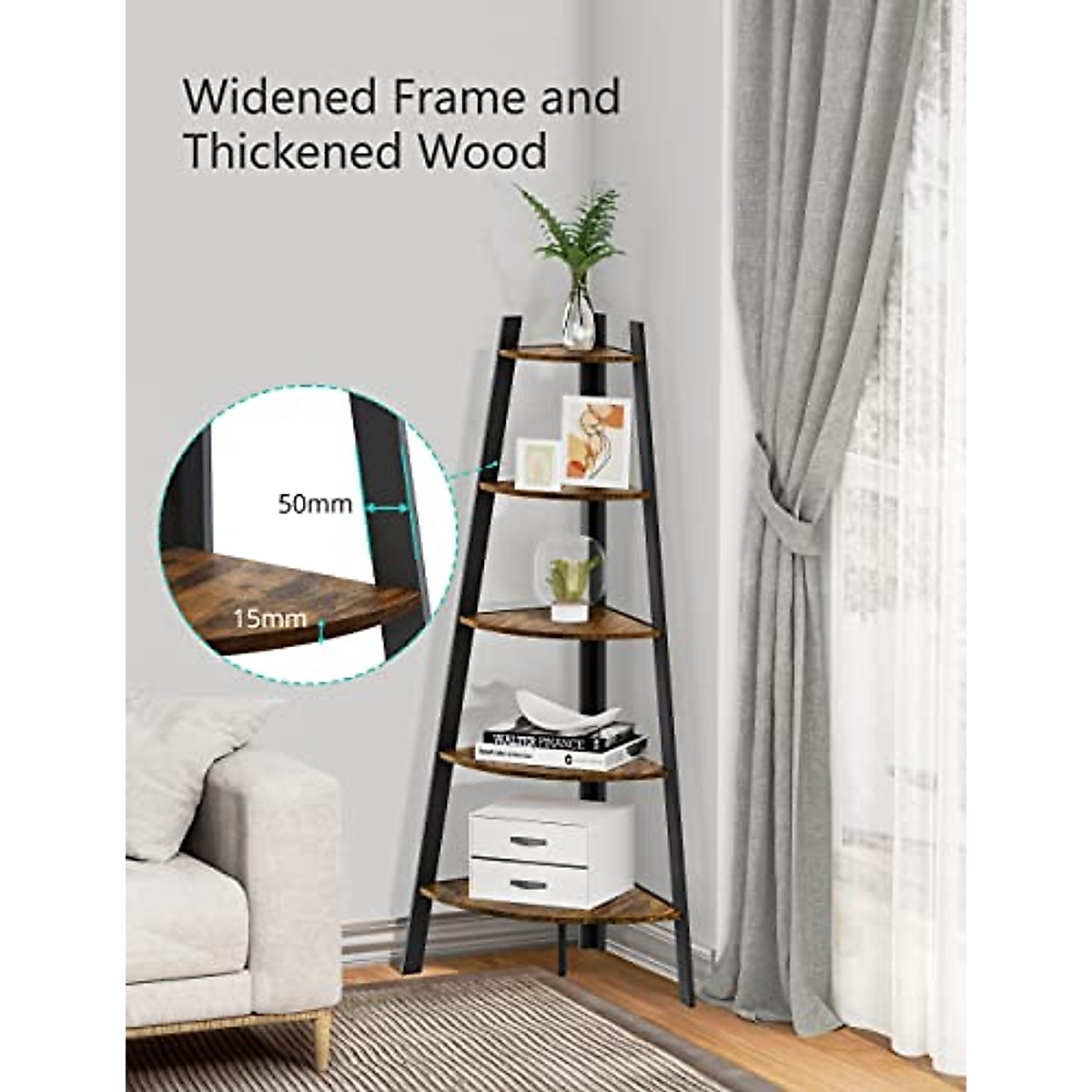 MiTechPro 63" Tall Corner Shelf, 5 Tier Industrial Corner Bookshelf Bookcase Rustic Corner Ladder Shelf Plant Stand for Living Room, Kitchen, Home Offie