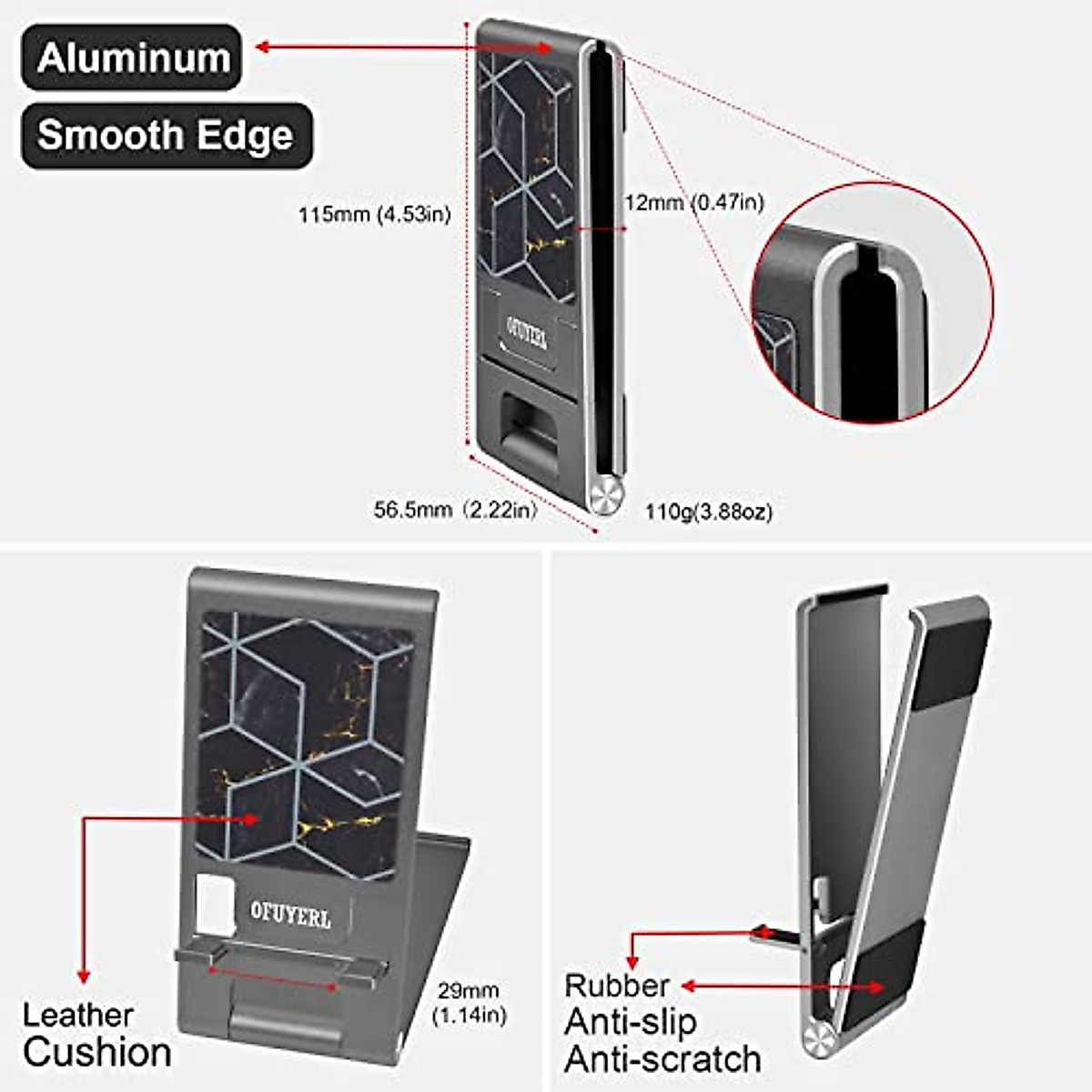 OFUYERL Fully Foldable Cell Phone Stand,Folds Flat Adjustable Portable Mobile Phone Holder for Desk,Travel Desktop Marble Cellphone Stand,Compatible with iPhone,Galaxy,All Smartphone (Grey,Black)