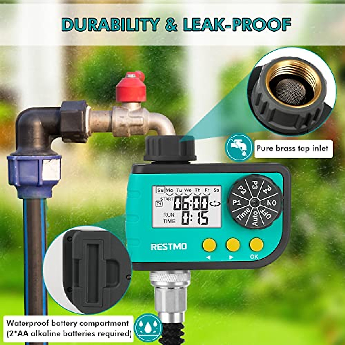 RESTMO Water Timer, 7 Day Programmable Sprinkler Timer, Digital Hose Timer with 4 Separate Program, Ideal for Garden Lawn & Outdoor Plant Watering and Drip Irrigation System, Automatic/Manual Control